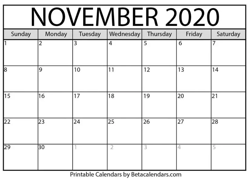 Free Printable November 2020 Calendars for USA (Updated) - Onedesblog